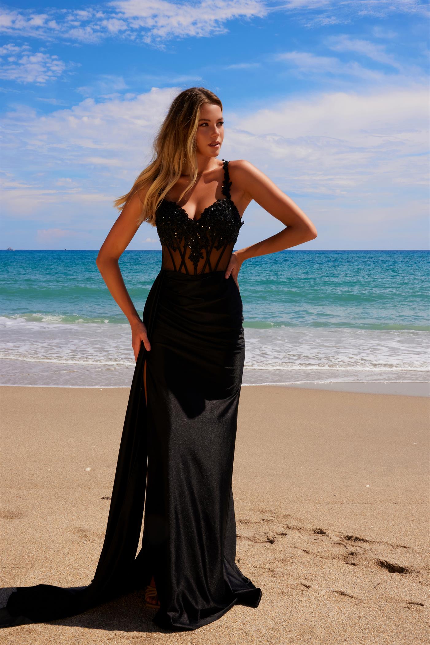 RYKA Sheer Lace Corset Satin Mermaid Prom & Formal Dress