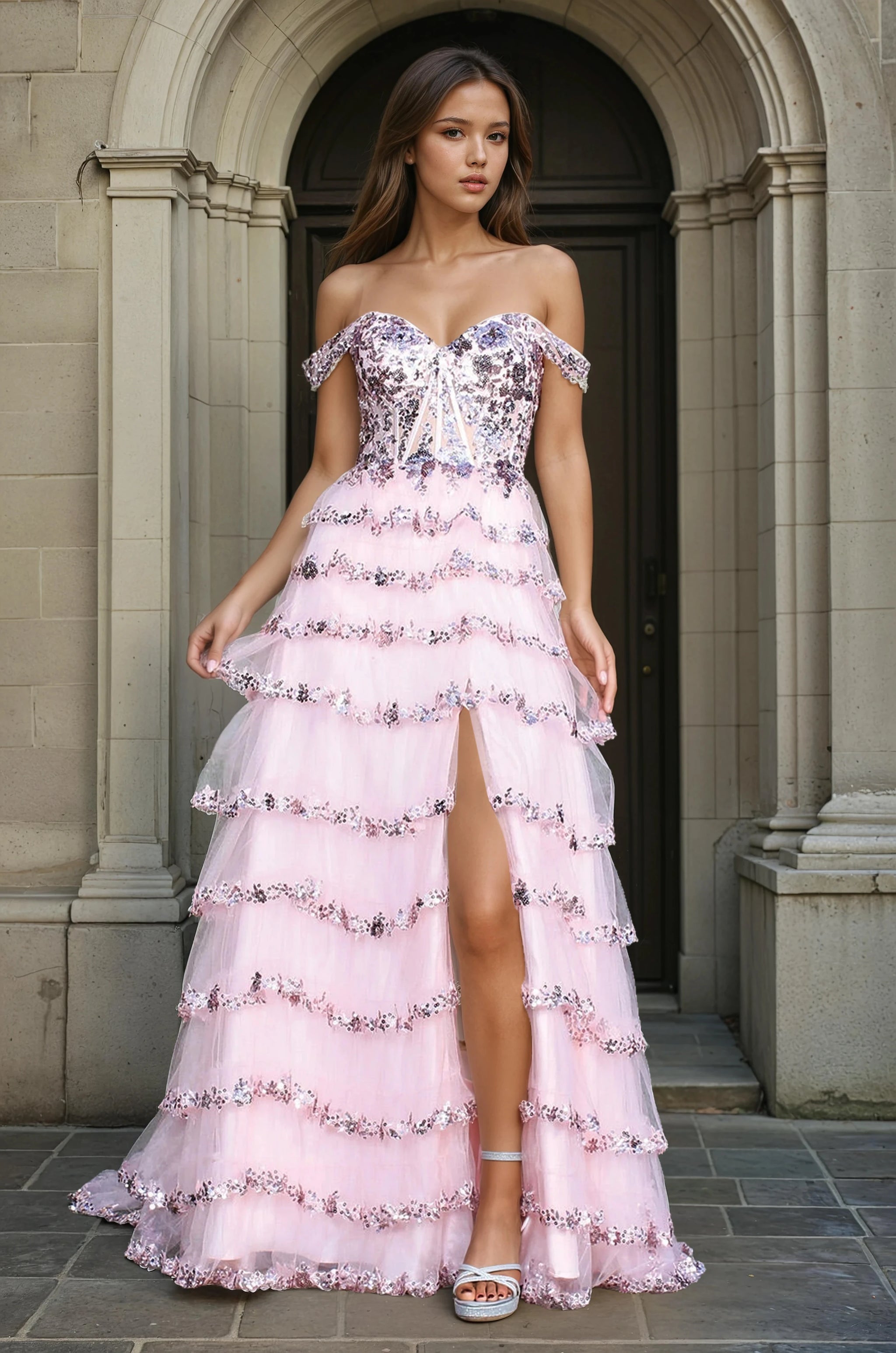 EMERY Tulle Layered Sequin & Glitter Leg Split A Line Prom Dress