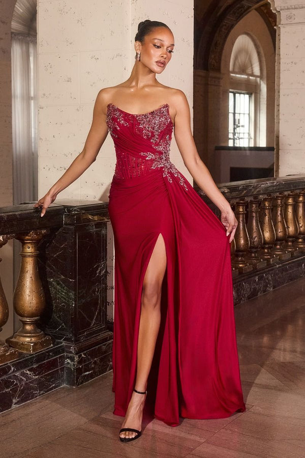 MARISHKA Strapless Beaded Satin Fitted Gown | One Honey
