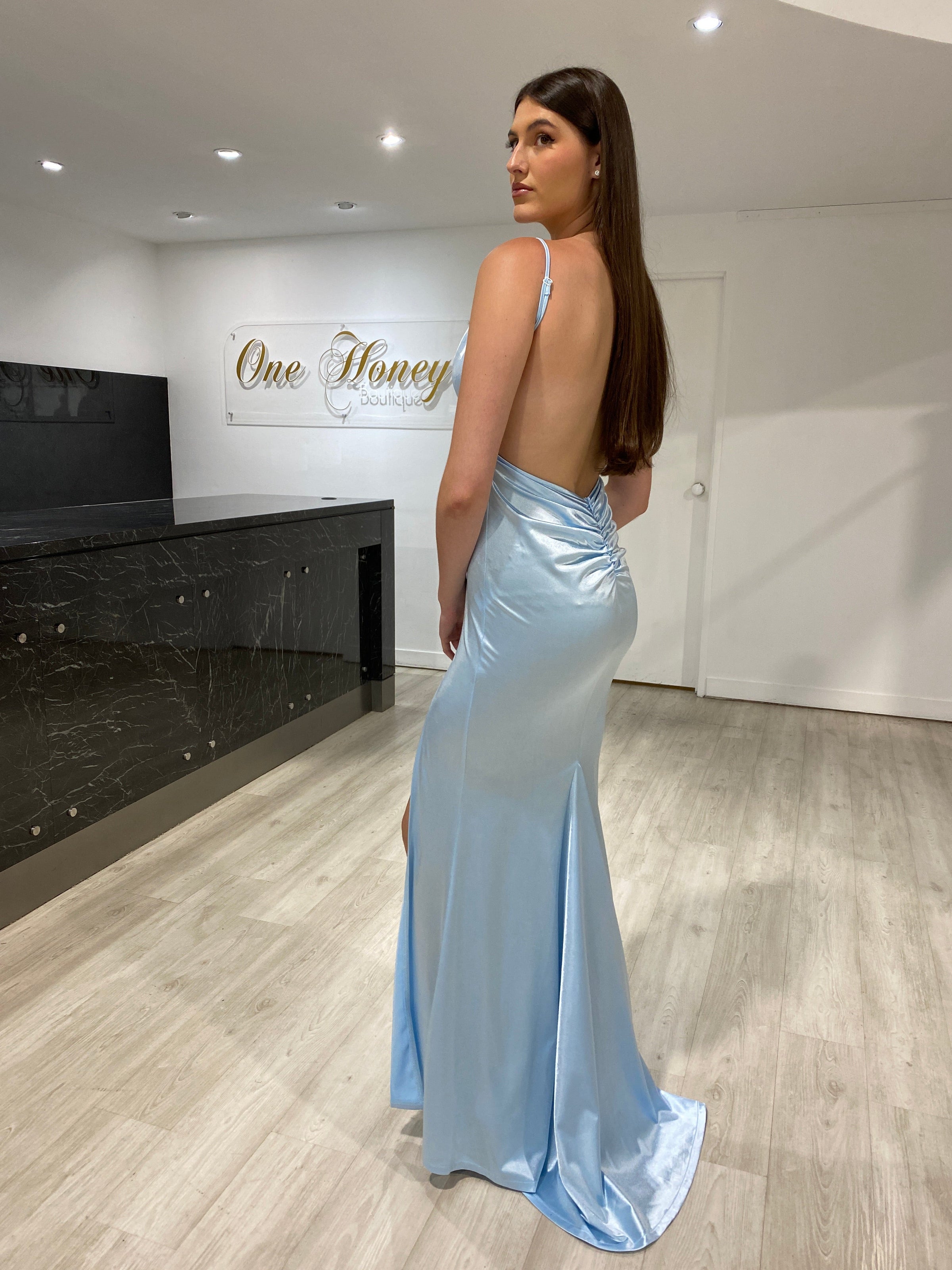 Honey Couture MILEE Baby Blue Low Back Mermaid Evening Gown Dress w Le