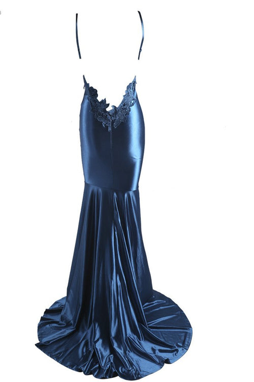 Honey Couture PENELOPE Blue Applique Formal Gown Dress