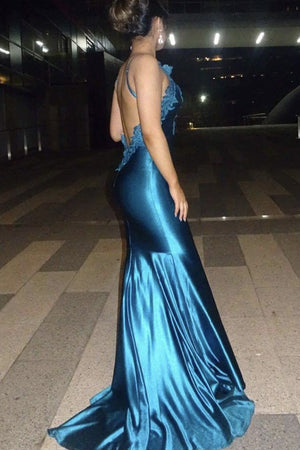 Honey Couture PENELOPE Blue Applique Formal Gown Dress